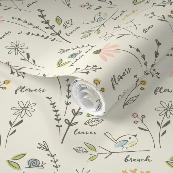 Spoonflower Garden Snail Floral Botanical Leaves Traditional Wallpaper - Gray