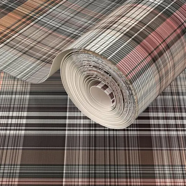 Spoonflower Plaid Stripes Tartan Weave Traditional Wallpaper - Gray,pink