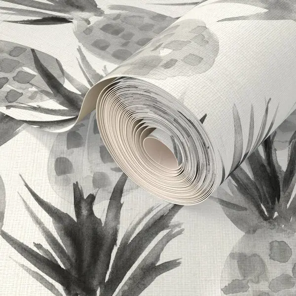 Spoonflower Wild Pineapples In Tones Of Grey Watercolor 100% Natural Sisal Grasscloth Wallcovering - Gray,white