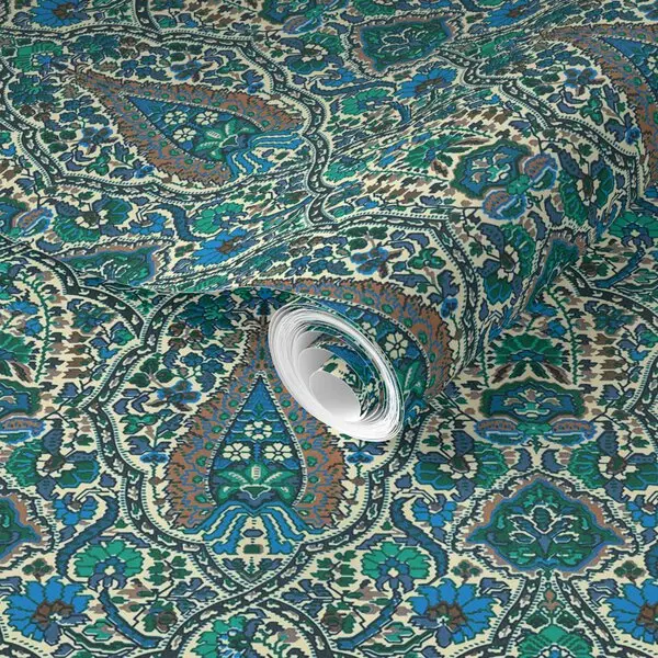 Spoonflower Blue Floral Paisley Victorian Art Deco Damask Custom Pre-pasted Wallpaper - Blue,green,mint