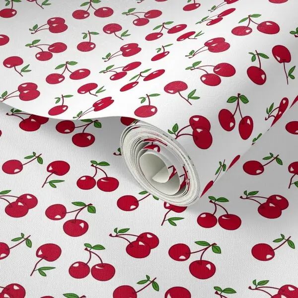 Spoonflower Red White Cherry Rockabilly Retro Kitchen Gothic Traditional Wallpaper - Red,white,gray