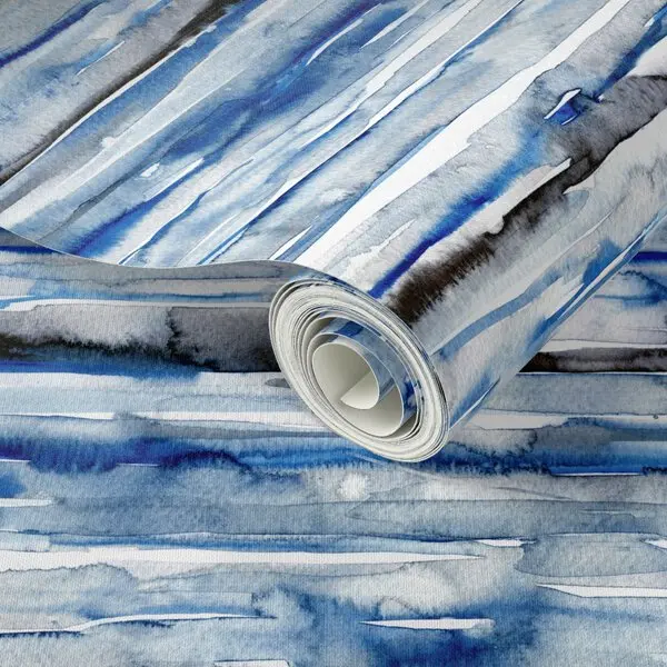 Spoonflower Watercolor Waves Stripes Blue Black Custom Removable Wallpaper - Blue,white,gray