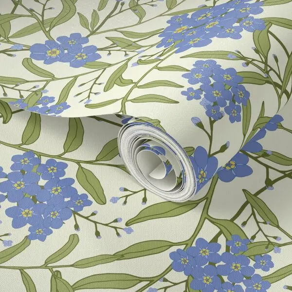 Spoonflower Blue Flowers Nature Custom Pre-pasted Wallpaper - Sage,green,blue