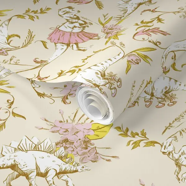 Spoonflower Dinosaurs Floral Flowers Botanic Ballet Tutu Custom Removable Wallpaper - Beige,brown,gray