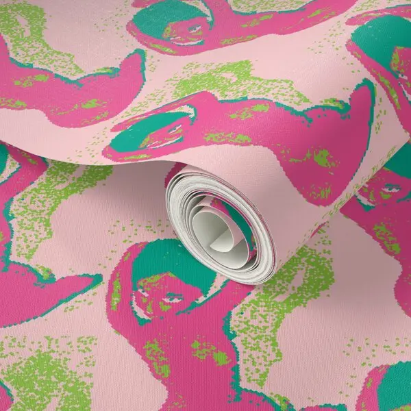 Spoonflower Vintage Bright Big Hot Pink Sexy Custom Pre-pasted Wallpaper - Pink,green,sage