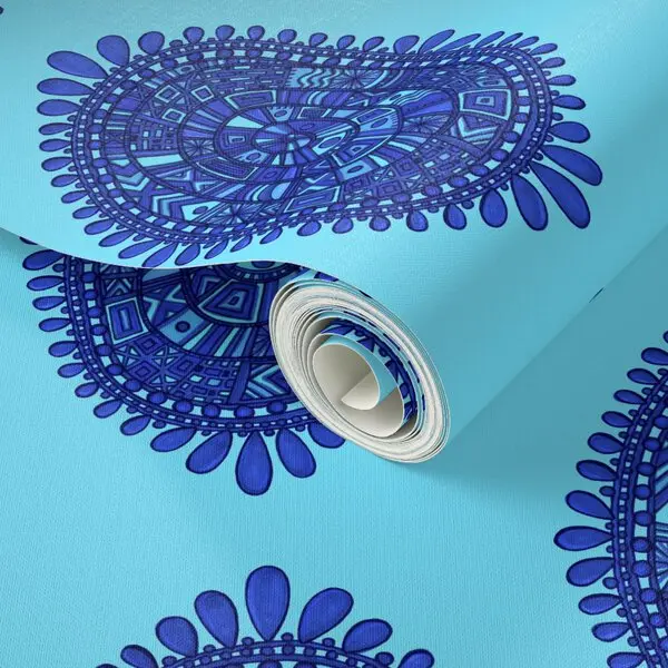 Spoonflower Bright Africa Tribal Royal Abstract Art Custom Pre-pasted Wallpaper - Blue