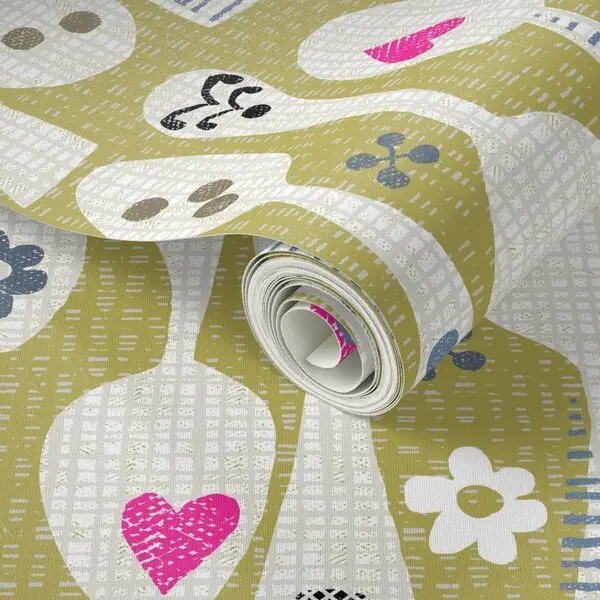 Spoonflower Retro Hearts Stripes Whimsical Kitchen Valentine Traditional Wallpaper - Gray,green,brown