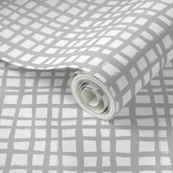 Spoonflower Grid Gray Nursery Simple Coordinate Mint Plaid Custom Pre-pasted Wallpaper - Gray,white