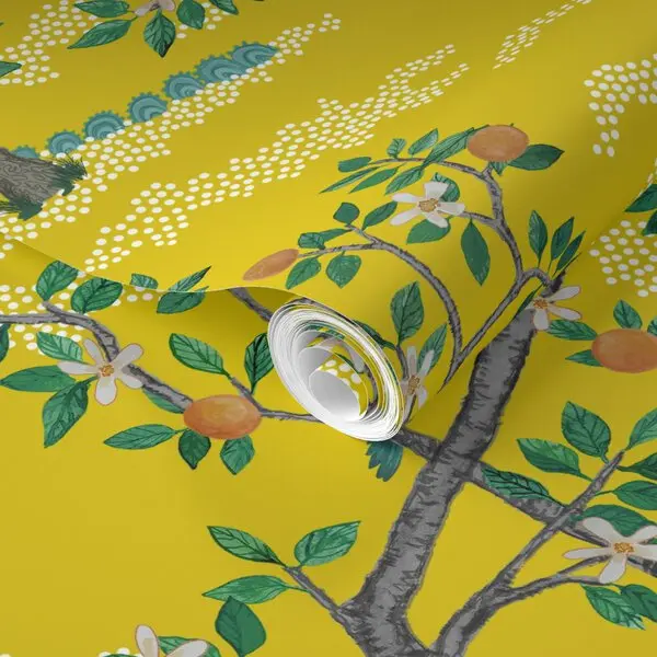 Spoonflower Yellow Grey Birds Trees Gold Citrus Custom Removable Wallpaper - Yellow,green,brown
