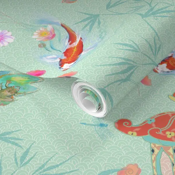 Spoonflower Green Flowers Japanese Garden Bamboo Koi Custom Removable Wallpaper - Green,pink,teal