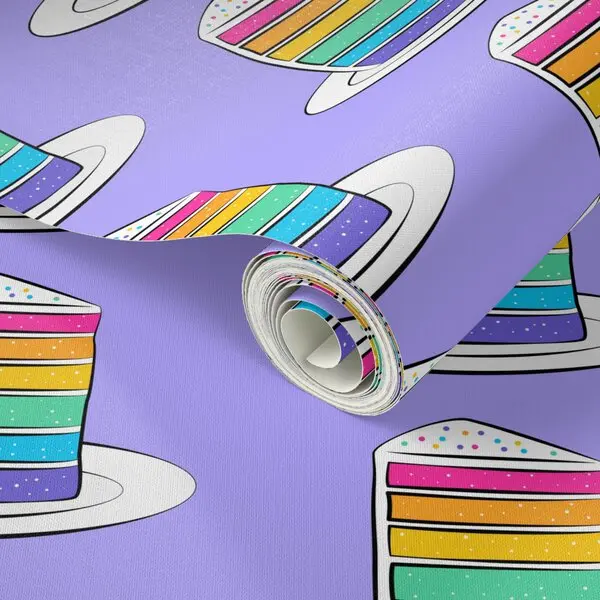 Spoonflower Cute Trendy Food Cake Rainbow Slice Custom Pre-pasted Wallpaper - Purple,blue,mint