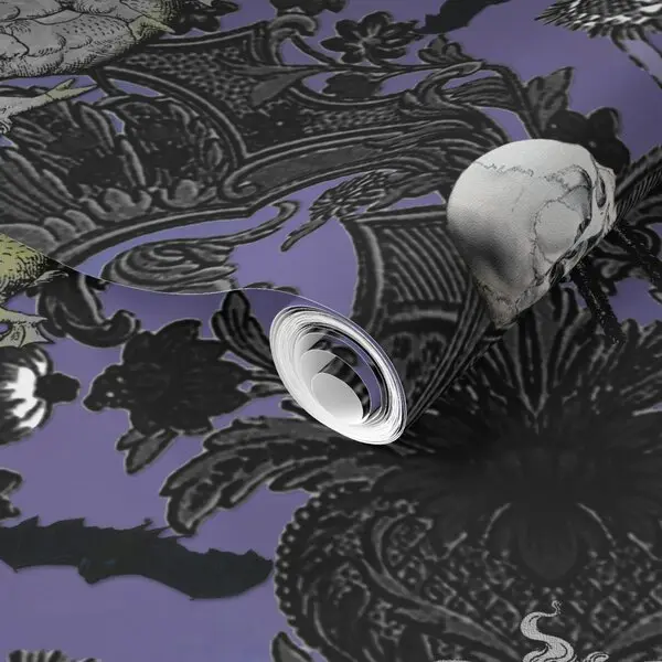 Spoonflower Halloween House Damask Spooky Evil Goth Traditional Wallpaper - Black,purple,gray