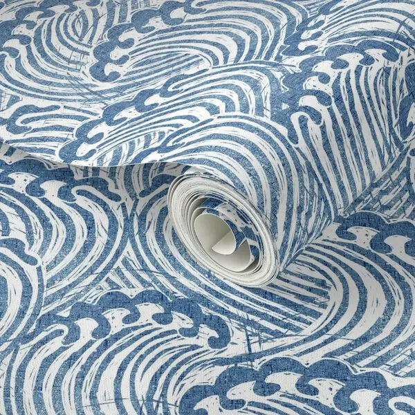 Spoonflower Japanese Light Decor Waves Interior Ocean Custom Pre-pasted Wallpaper