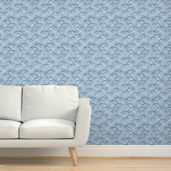Spoonflower Japanese Light Decor Waves Interior Ocean Custom Pre-pasted Wallpaper