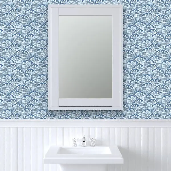 Spoonflower Japanese Light Decor Waves Interior Ocean Custom Pre-pasted Wallpaper