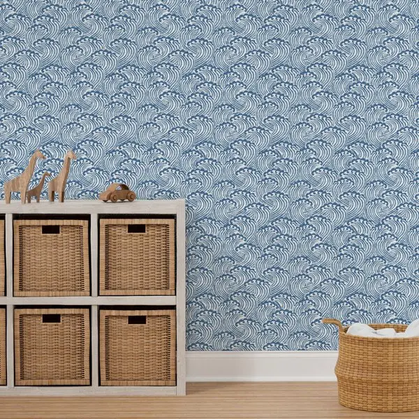 Spoonflower Japanese Light Decor Waves Interior Ocean Custom Pre-pasted Wallpaper