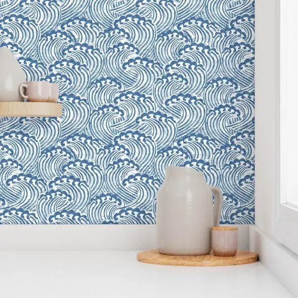 Spoonflower Japanese Light Decor Waves Interior Ocean Custom Pre-pasted Wallpaper