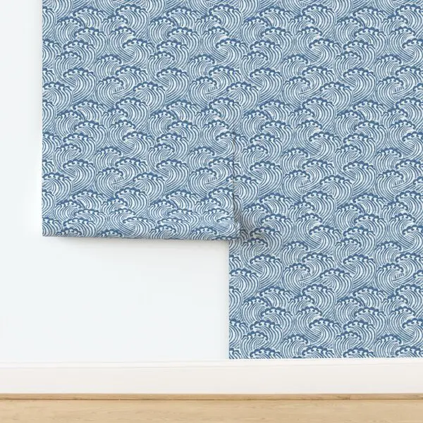 Spoonflower Japanese Light Decor Waves Interior Ocean Custom Pre-pasted Wallpaper
