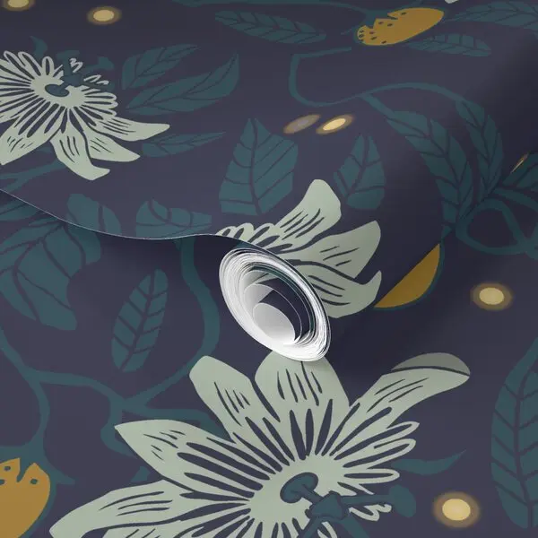 Spoonflower Passionflower Fireflies At Night Dark Blue Custom Pre-pasted Wallpaper - Blue,gray,brown