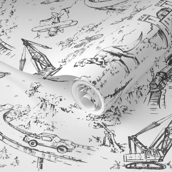 Spoonflower Animals Cars Toile Dinosaurs Trains Traditional Wallpaper - White,gray