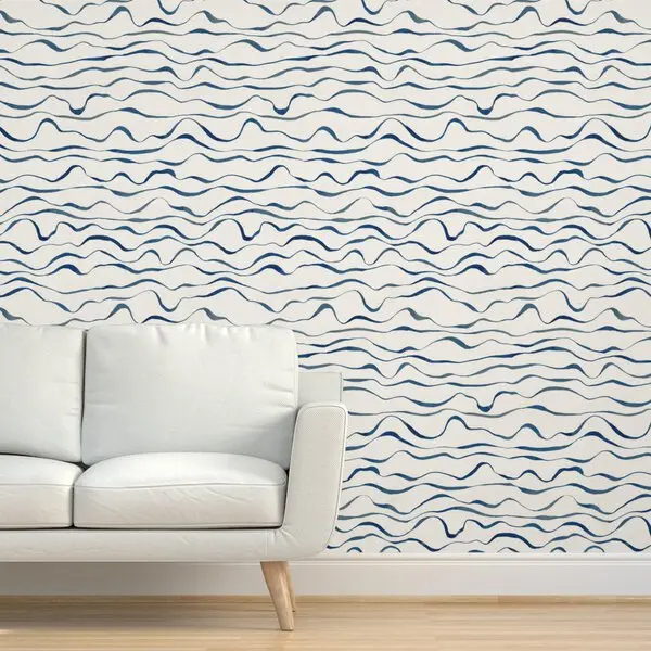 Spoonflower Navy Blue Watercolor Waves 100% Natural Sisal Grasscloth Wallcovering