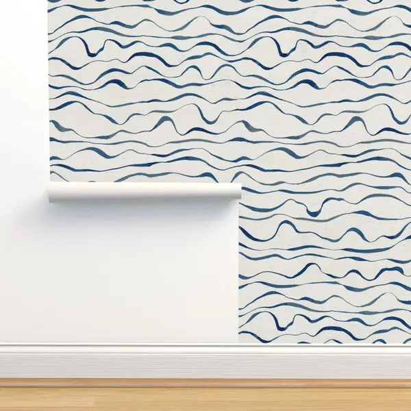 Spoonflower Navy Blue Watercolor Waves 100% Natural Sisal Grasscloth Wallcovering