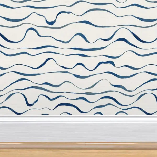 Spoonflower Navy Blue Watercolor Waves 100% Natural Sisal Grasscloth Wallcovering