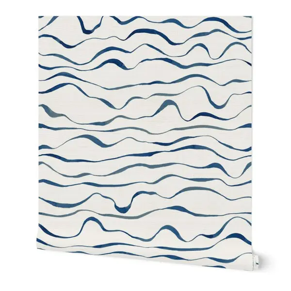 Spoonflower Navy Blue Watercolor Waves 100% Natural Sisal Grasscloth Wallcovering