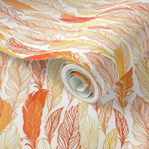 Spoonflower Yellow Orange Peacock Feather Spring Style White Custom Removable Wallpaper - Beige,orange,red