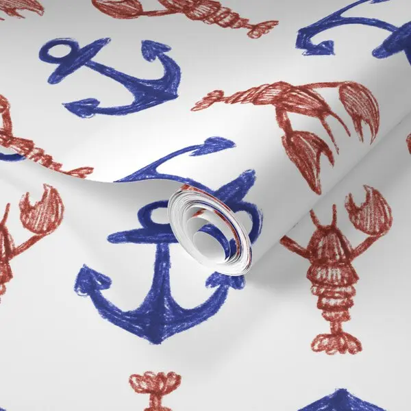 Spoonflower Lobster Anchors Anchor Sketch Animals Ocean Water Traditional Wallpaper - Blue,white,red