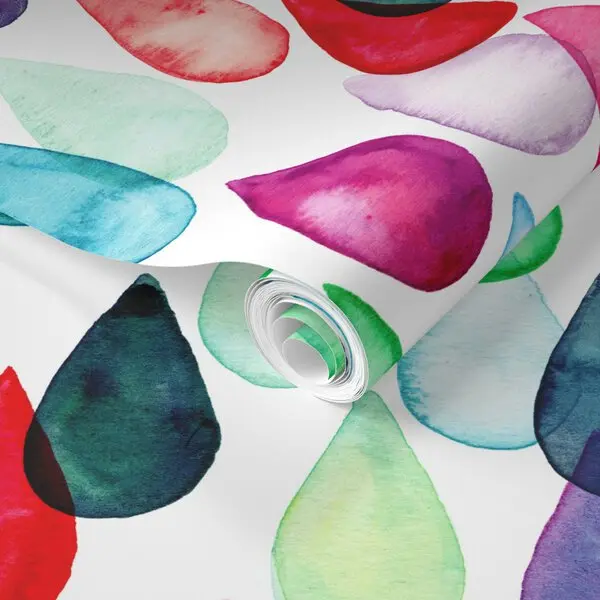 Spoonflower Watercolour Rainbow Drops Pattern Base Custom Pre-pasted Wallpaper - Green,blue,pink
