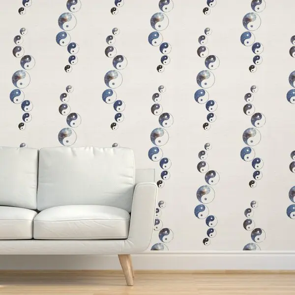 Spoonflower Yin And Yang Space Curves 100% Natural Sisal Grasscloth Wallcovering - White,blue