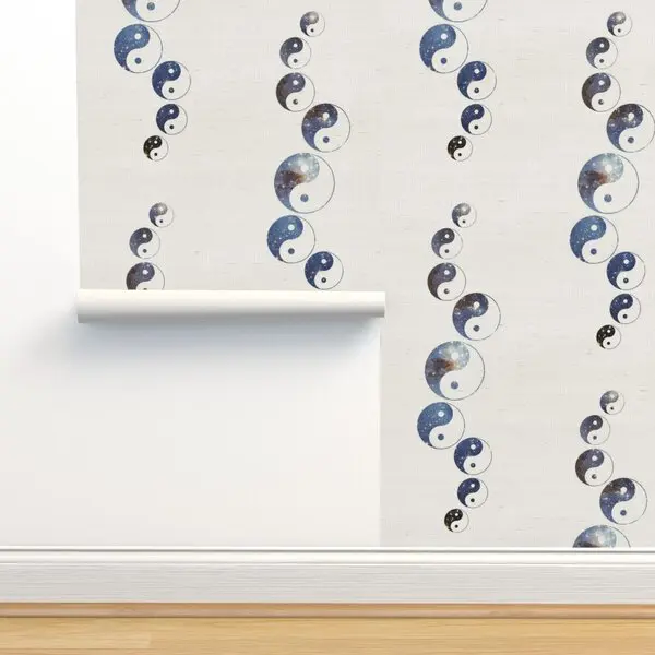 Spoonflower Yin And Yang Space Curves 100% Natural Sisal Grasscloth Wallcovering - White,blue
