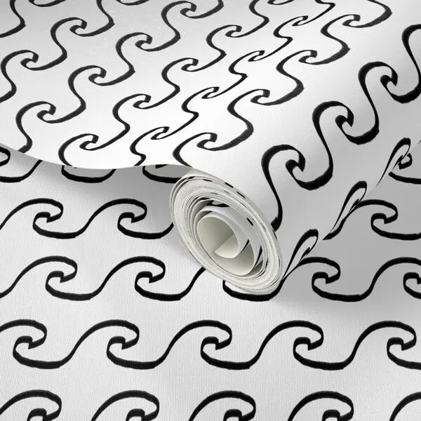 Spoonflower Wave Summer Surf Beach Black And White Minimal Custom Removable Wallpaper - Black,white,gray