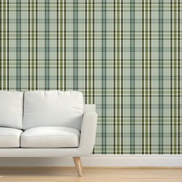 Spoonflower Wilderness Plaid Mint Regular Scale 100% Natural Sisal Grasscloth Wallcovering