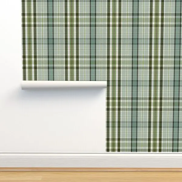 Spoonflower Wilderness Plaid Mint Regular Scale 100% Natural Sisal Grasscloth Wallcovering