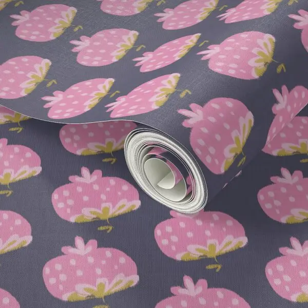 Spoonflower Pink Stripe Preppy Fruit Modern Spring Pomegranate Custom Pre-pasted Wallpaper - Pink,gray,purple