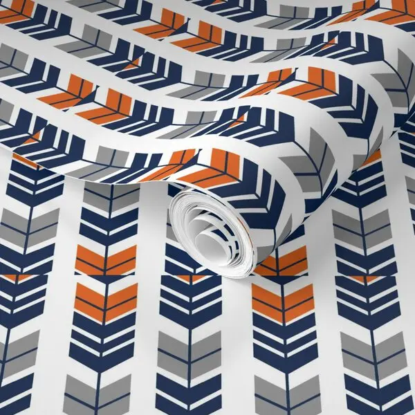 Spoonflower Blue Orange Grey Navy Feather Arrows Custom Pre-pasted Wallpaper - Blue,brown