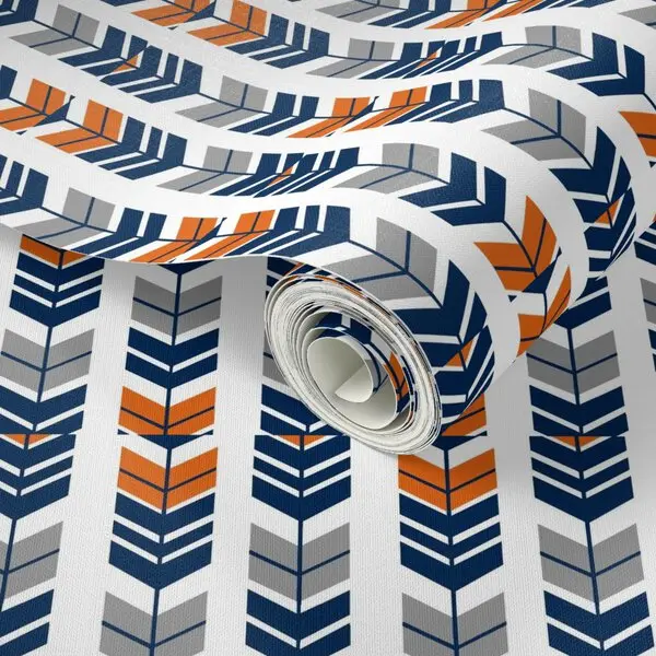 Spoonflower Blue Orange Grey Navy Feather Arrows Custom Pre-pasted Wallpaper