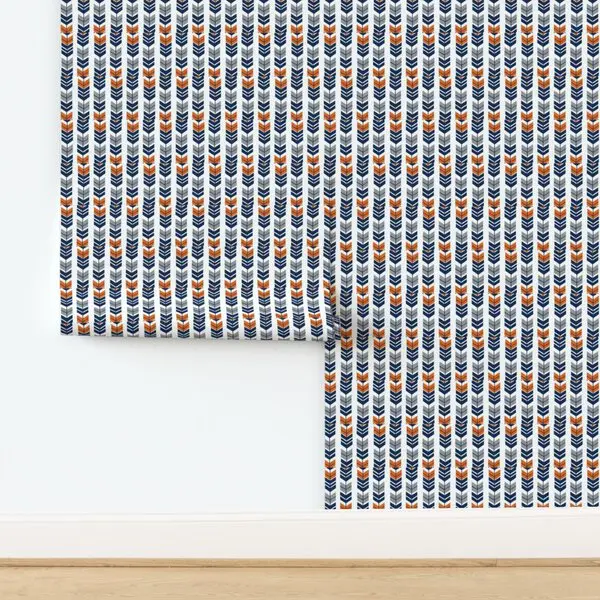Spoonflower Blue Orange Grey Navy Feather Arrows Custom Pre-pasted Wallpaper