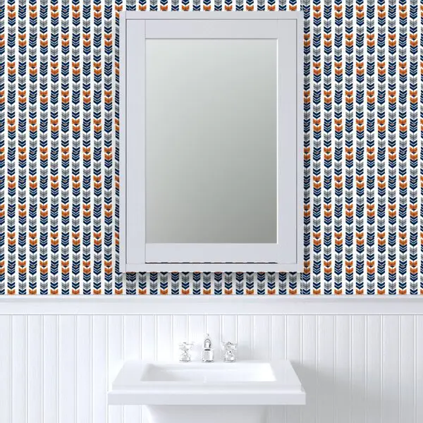 Spoonflower Blue Orange Grey Navy Feather Arrows Custom Pre-pasted Wallpaper