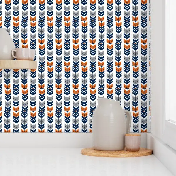 Spoonflower Blue Orange Grey Navy Feather Arrows Custom Pre-pasted Wallpaper