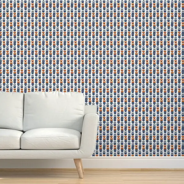 Spoonflower Blue Orange Grey Navy Feather Arrows Custom Pre-pasted Wallpaper