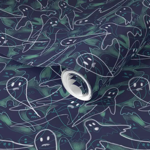 Spoonflower Halloween Ghost Blue And White Ghoul Ghosts Green Traditional Wallpaper - Blue,teal