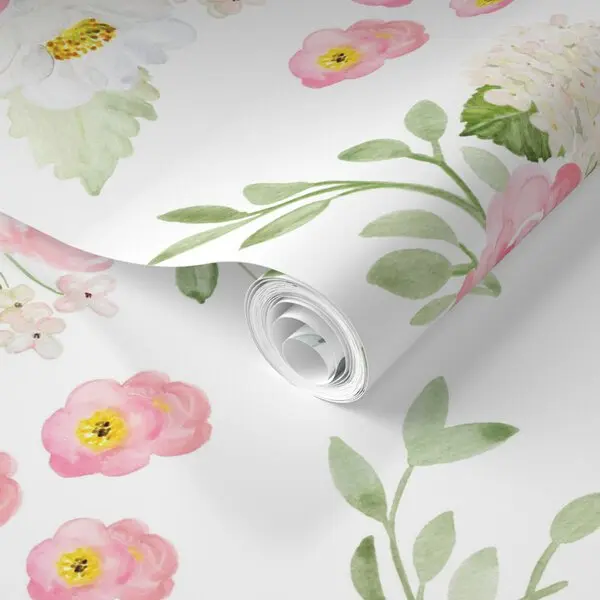 Spoonflower Blushing Floral Blooms White Custom Pre-pasted Wallpaper - Pink,green,brown