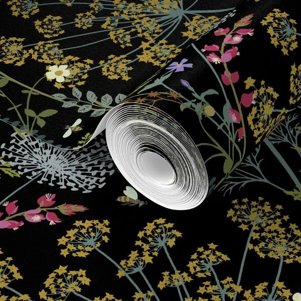 Spoonflower The Scent Of Wild Grasses Black Custom Pre-pasted Wallpaper - Black,green,brown