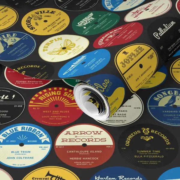 Spoonflower Music Record Black History Of Jazz Labels Custom Removable Wallpaper - Black,yellow,blue
