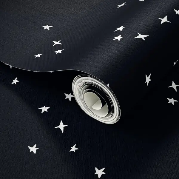 Spoonflower Black And White Stars Scattered Space Celestial Custom Pre-pasted Wallpaper - Black,white,gray