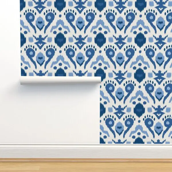Spoonflower Nina Ikat In Ginger Jar 100% Natural Sisal Grasscloth Wallcovering - Navy,blue,white