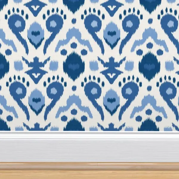 Spoonflower Nina Ikat In Ginger Jar 100% Natural Sisal Grasscloth Wallcovering - Navy,blue,white